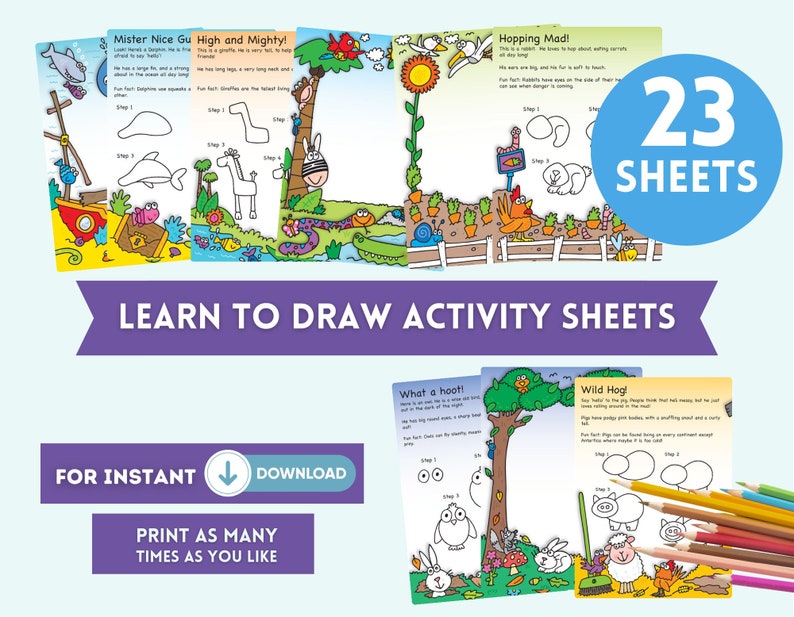 Learn to Draw Animals Activity Sheets Instant Download Printable How to ...