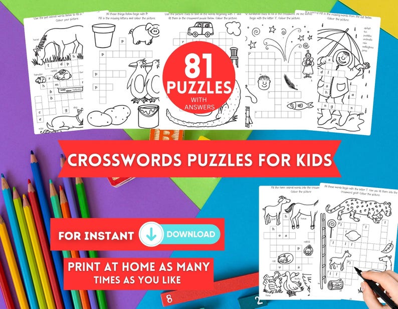 Fun Kids Crossword Puzzle Pages With Solutions, Instant Download ...
