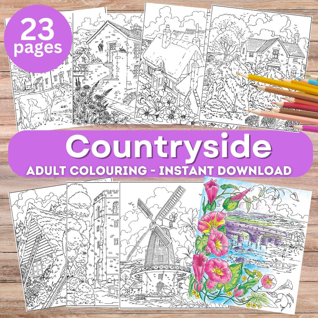 Countryside Cottagecore Colouring Book, Landscape Coloring Pages ...