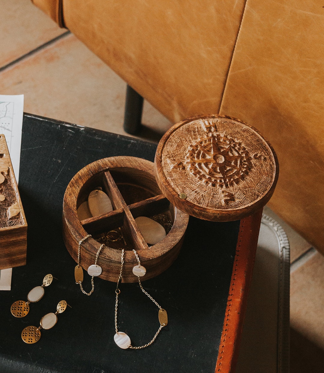 Compass Wooden Box With Lid, Storage Box, Trinket Box, Engraved Compass ...