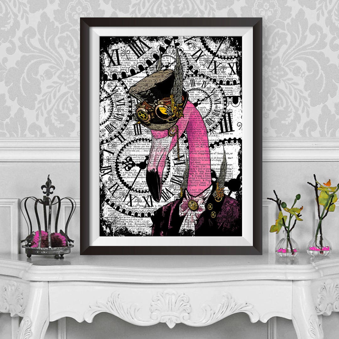 Steampunk Pink Flamingo Print Pink Flamingo Wall Art Home Decor Pink ...