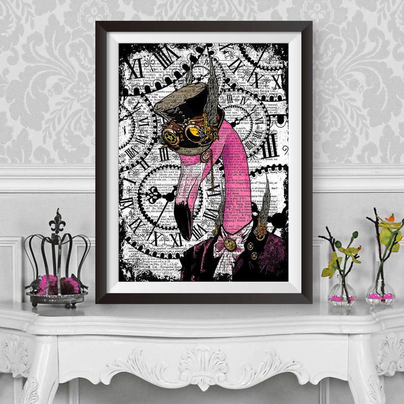 Steampunk Pink Flamingo Print Pink Flamingo Wall Art Home Decor Pink ...