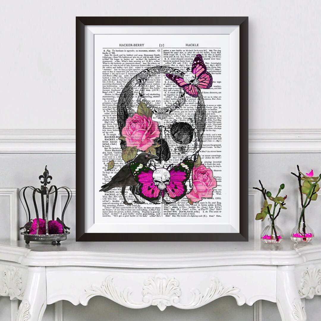 Skull With Pink Roses Raven & Skull- Flies Art Print, Vintage Skull ...