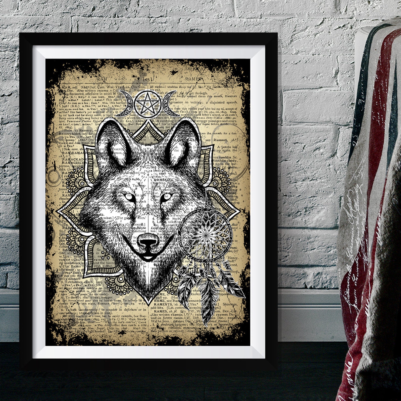 Wolf Art Print With Dictionary Background, Wiccan Occult Collection ...