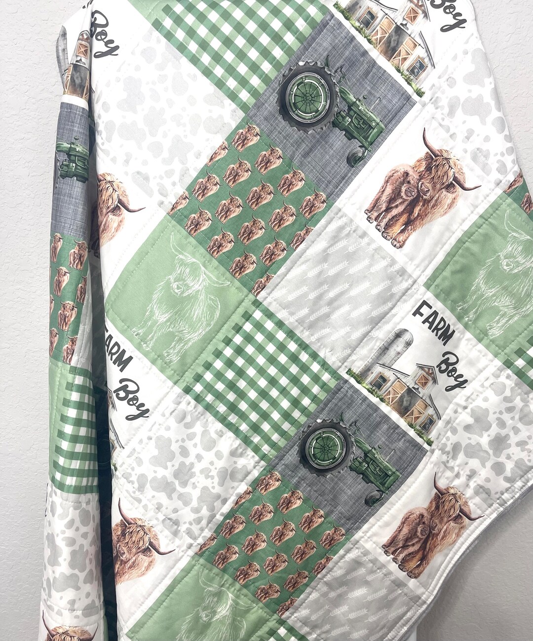 Baby Boy Quilt, Farm Theme Nursery, Highland Cow, Handmade Baby Blanket ...