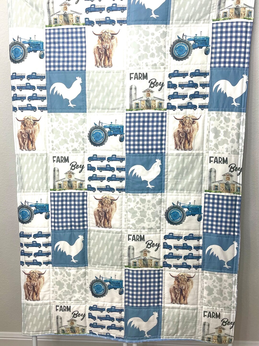 Baby Boy Quilt, Farm Theme Nursery, Highland Cow, Handmade Baby Blanket ...