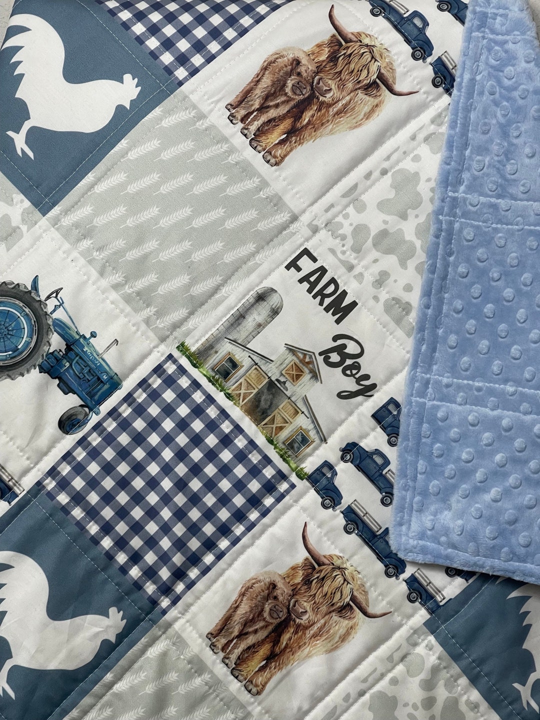 Baby Boy Quilt, Farm Theme Nursery, Highland Cow, Handmade Baby Blanket ...