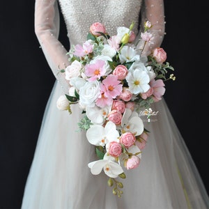 Silk Peach Ivory Peony Bouquet/wedding Cascading Bouquet/butterfly ...