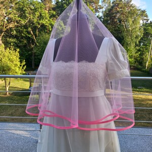 Light Pink Wedding Veil With Hot Pink Ribbon, One Layer - Etsy