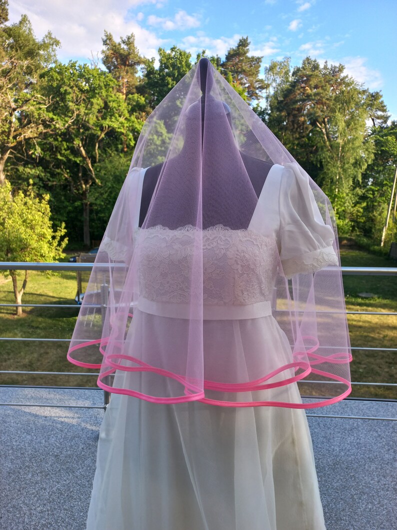 Light Pink Wedding Veil With Hot Pink Ribbon, One Layer - Etsy