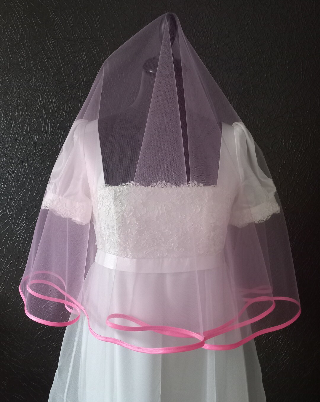 Light Pink Wedding Veil With Hot Pink Ribbon, One Layer - Etsy
