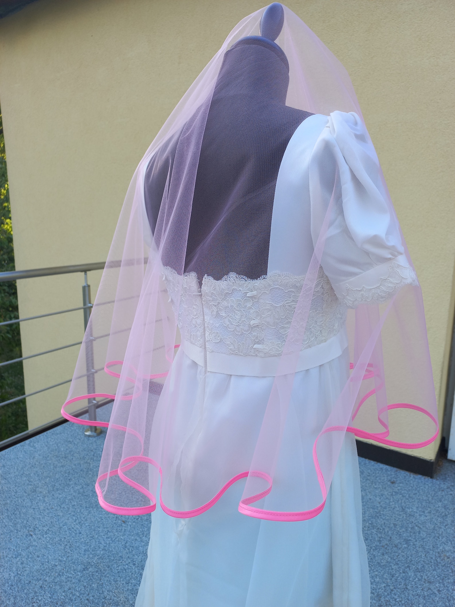 Light Pink Wedding Veil With Hot Pink Ribbon, One Layer - Etsy