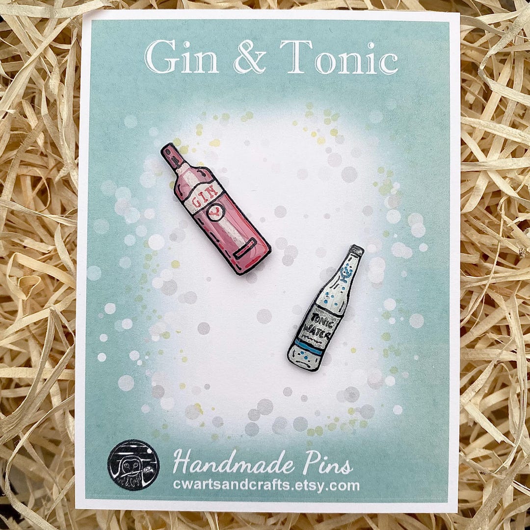 Gin & Tonic Pin Set Two Pins Gin Bottle and Tonic Bottle Hand Drawn ...