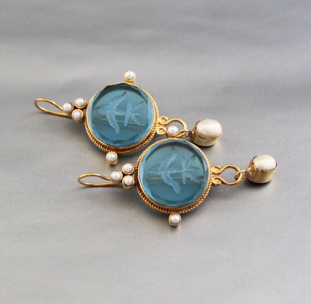 Blue Intaglio Earrings, Victorian Vintage Earrings, Handmade Italian ...