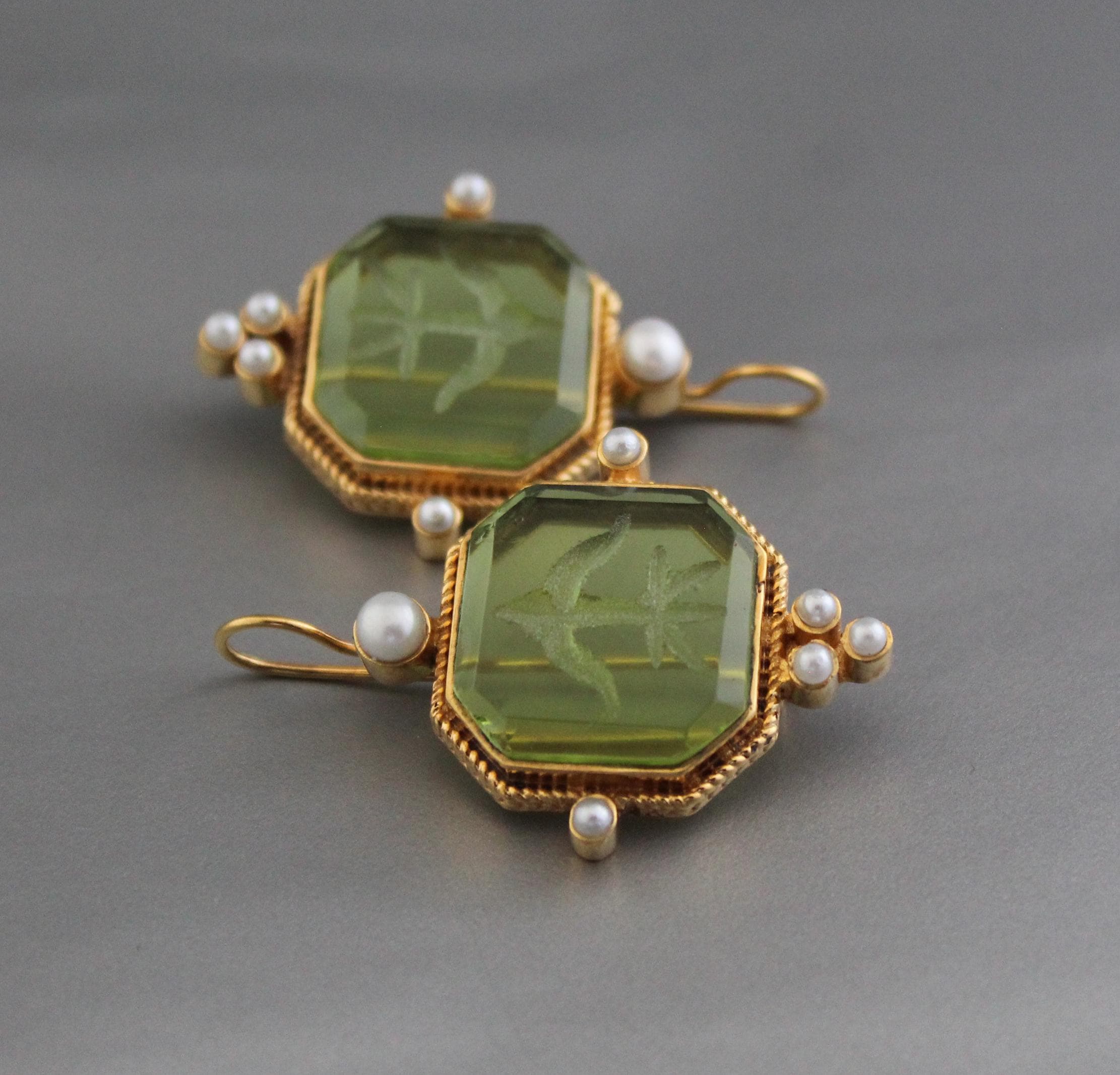 Intaglio Green Crystal Earrings: Victorian Style Gold Brass Jewelry - Etsy