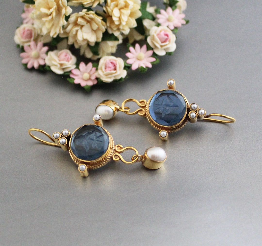 Intaglio Earrings, Blue Earrings, Dainty Gold Earrings, Antique Cameo ...