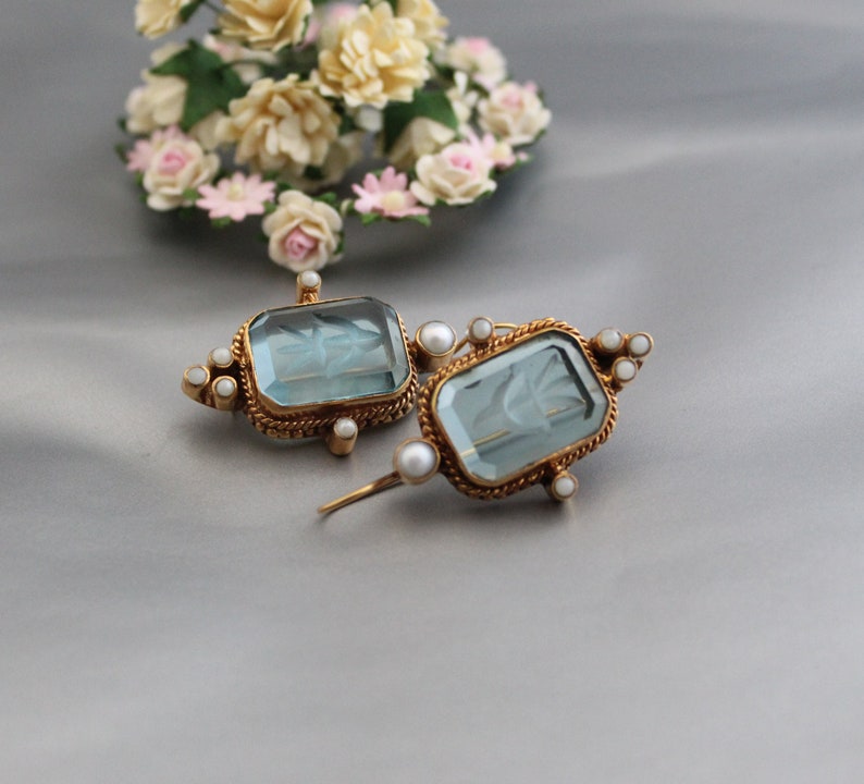 Blue Topaz Intaglio Earrings Blue Intaglio Crystal Earrings - Etsy