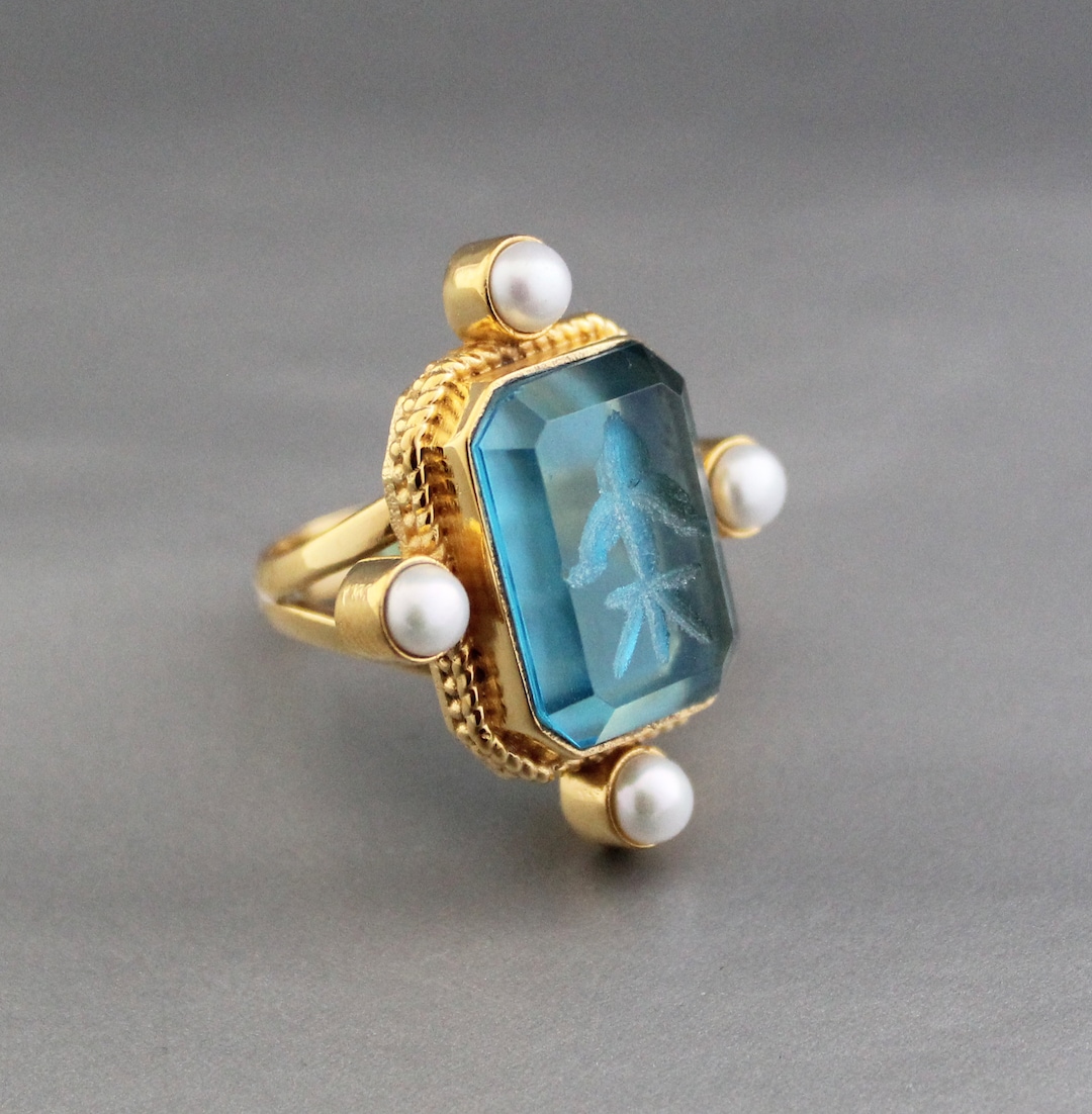 Intaglio Ring, Blue Crystal Ring, Vintage Antique Jewelry, Dainty Gold ...