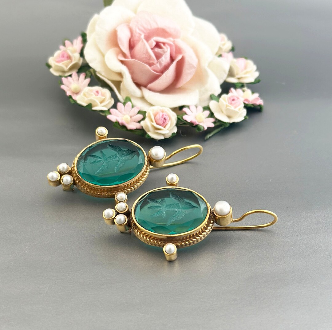 Intaglio Earrings, Green Earrings, Ancient Earrings, Vintage Victorian ...