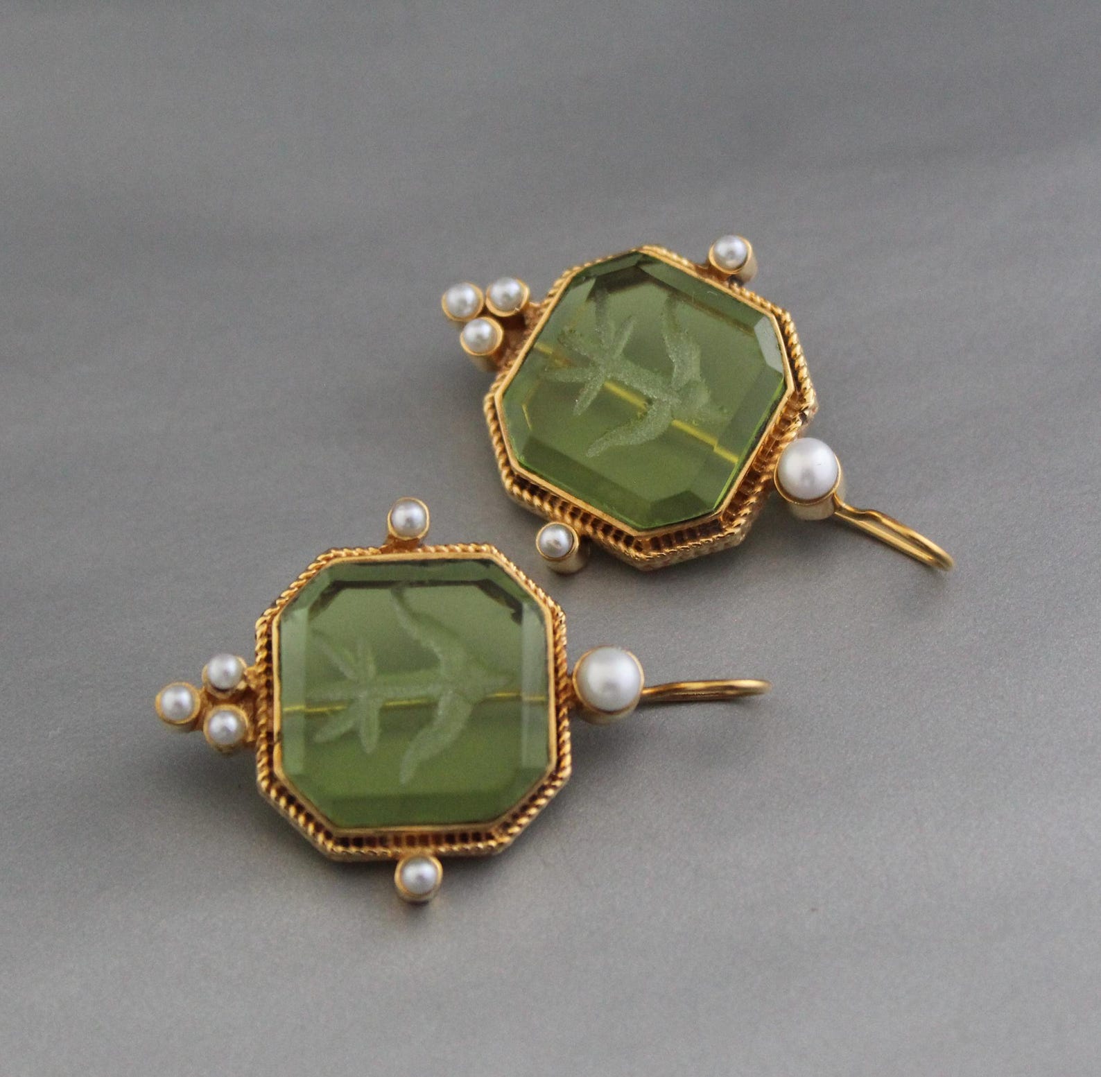 Intaglio Green Crystal Earrings: Victorian Style Gold Brass Jewelry - Etsy