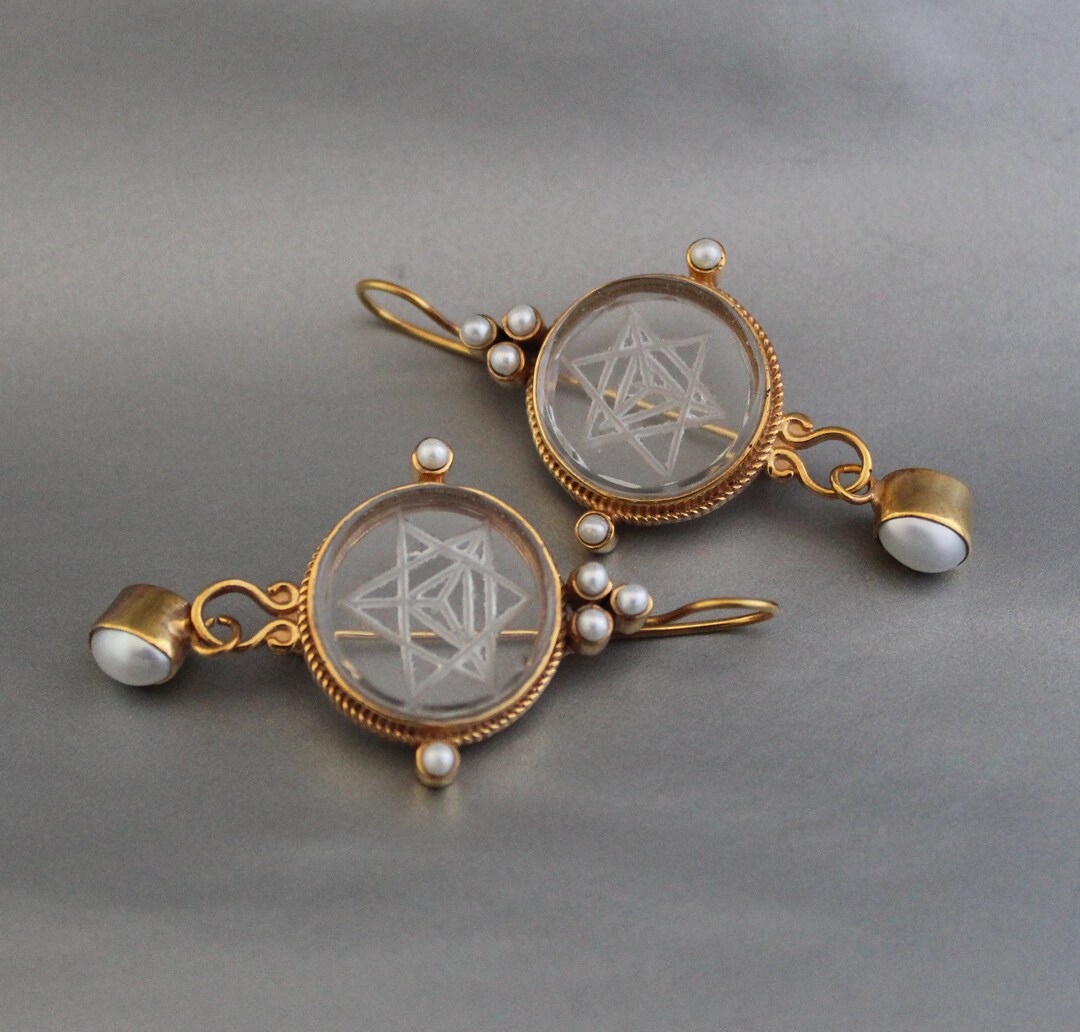 Intaglio Earrings, Clear Crystal Earrings, Merkaba Sacred Symbol ...