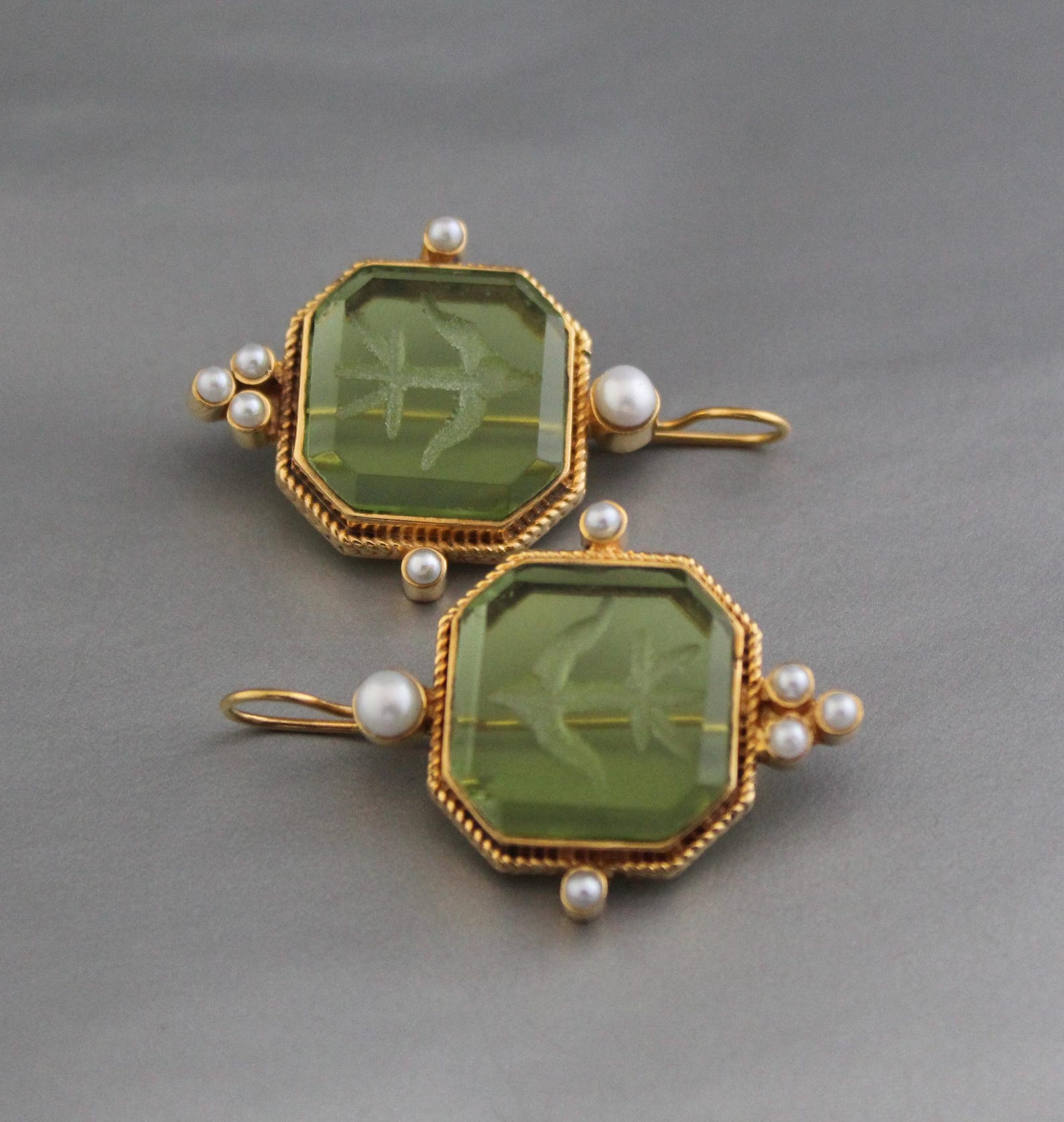 Intaglio Green Crystal Earrings: Victorian Style Gold Brass Jewelry - Etsy