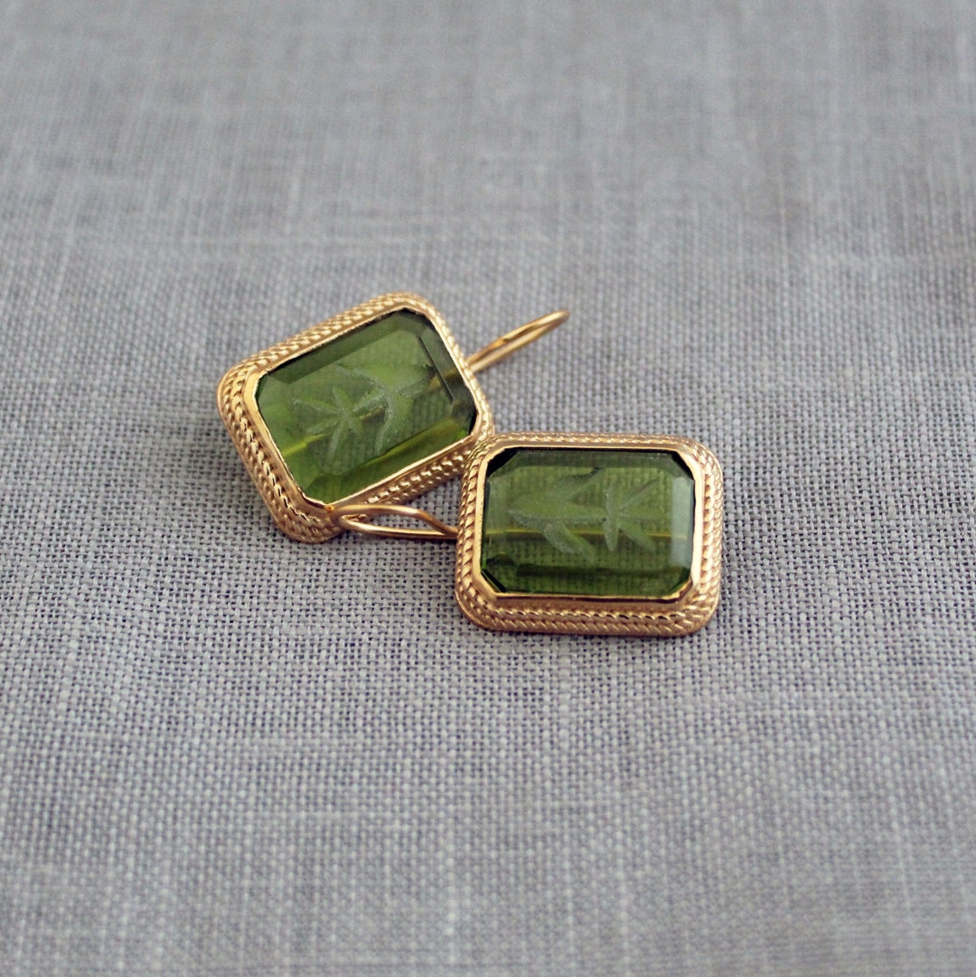 Intaglio Earrings, Green Earring, Dainty Gold Earrings, Wedding ...