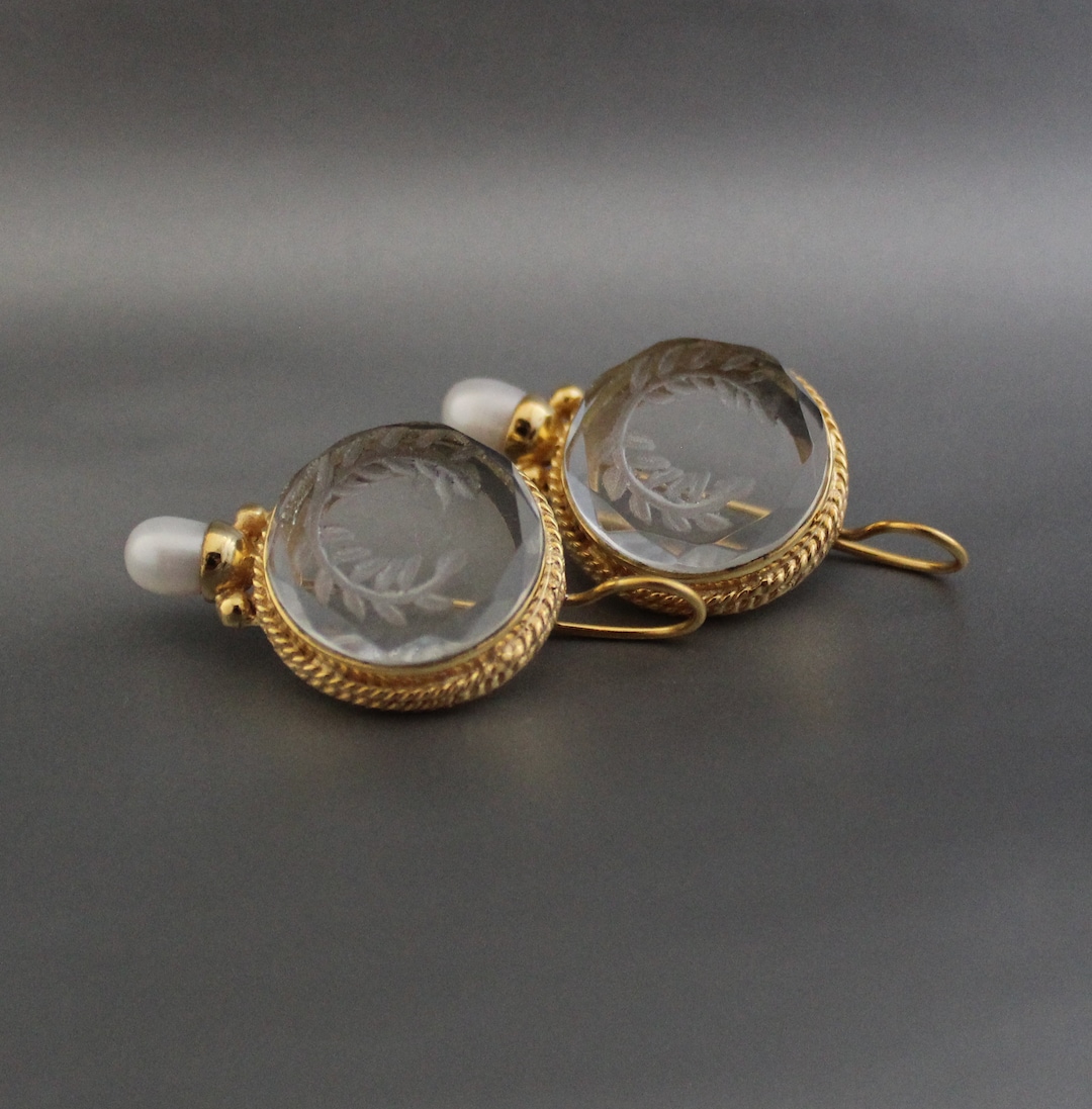 Intaglio Earrings, Clear Crystal Earrings, Laurel Wreath Design ...
