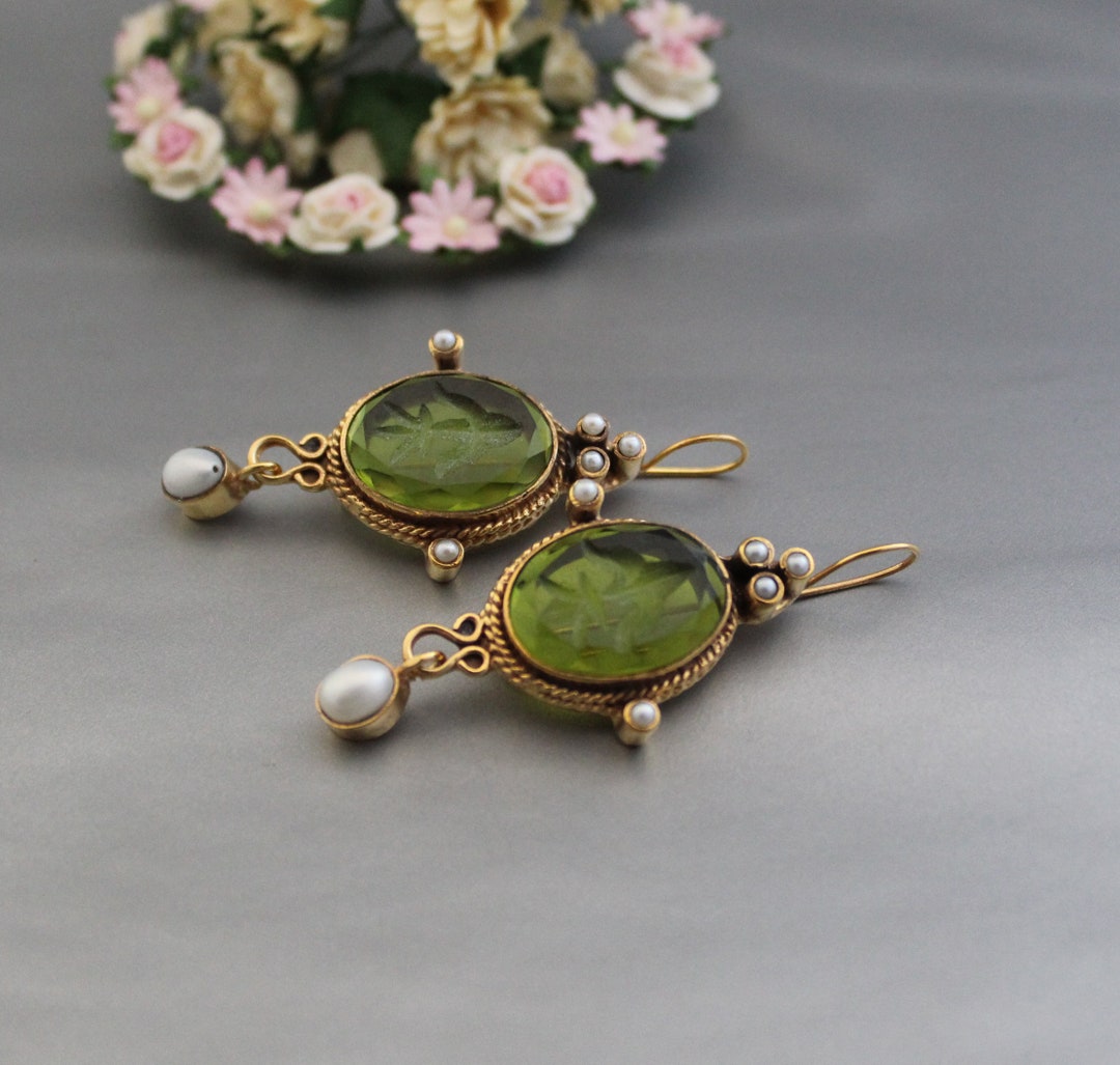 Green Intaglio Earrings, Crystal Earrings, Vintage Earrings, Antique ...