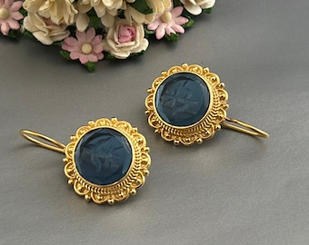 Intaglio Glass Earrings, Small Blue Earrings, Dainty Gold Earrings ...