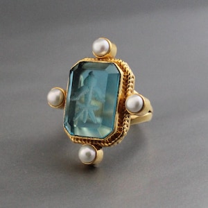 Intaglio Ring, Blue Crystal Ring, Vintage Antique Jewelry, Dainty Gold ...