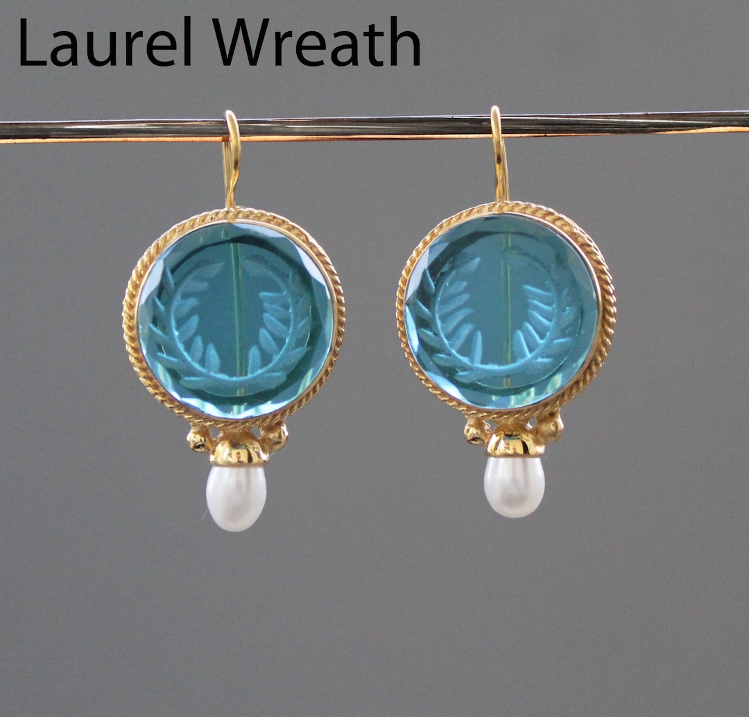 Intaglio Earrings, Blue Earrings, Laurel Wreath Design, Victorian ...