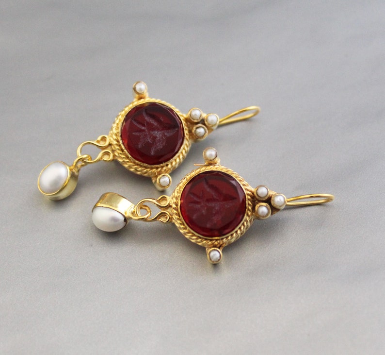 Small Red Intaglio Earrings Crystal Earrings Dangle - Etsy
