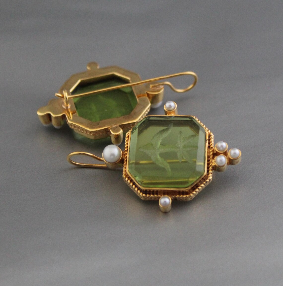 Intaglio Green Crystal Earrings: Victorian Style Gold Brass Jewelry - Etsy