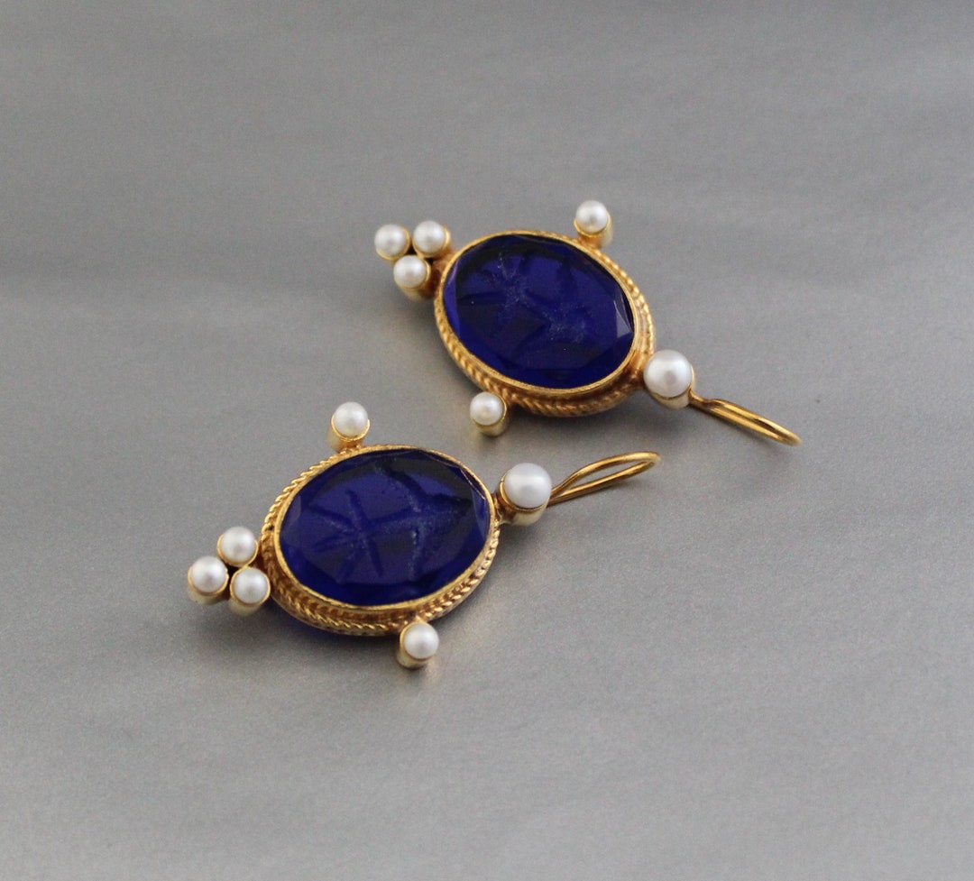Intaglio Earrings, Indigo Blue Earrings, Vintage Earrings, Intaglio ...