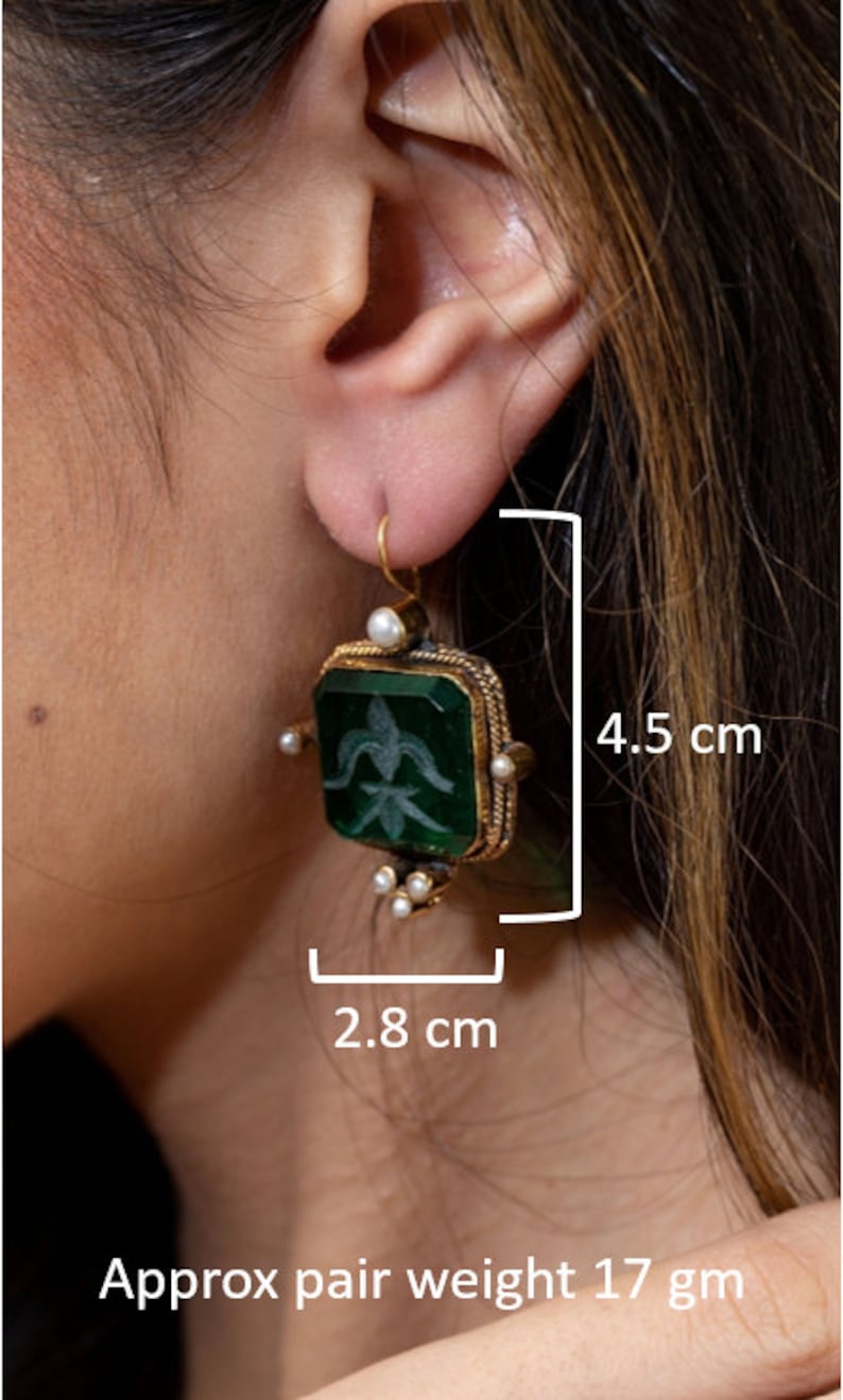 Intaglio Green Crystal Earrings: Victorian Style Gold Brass Jewelry - Etsy