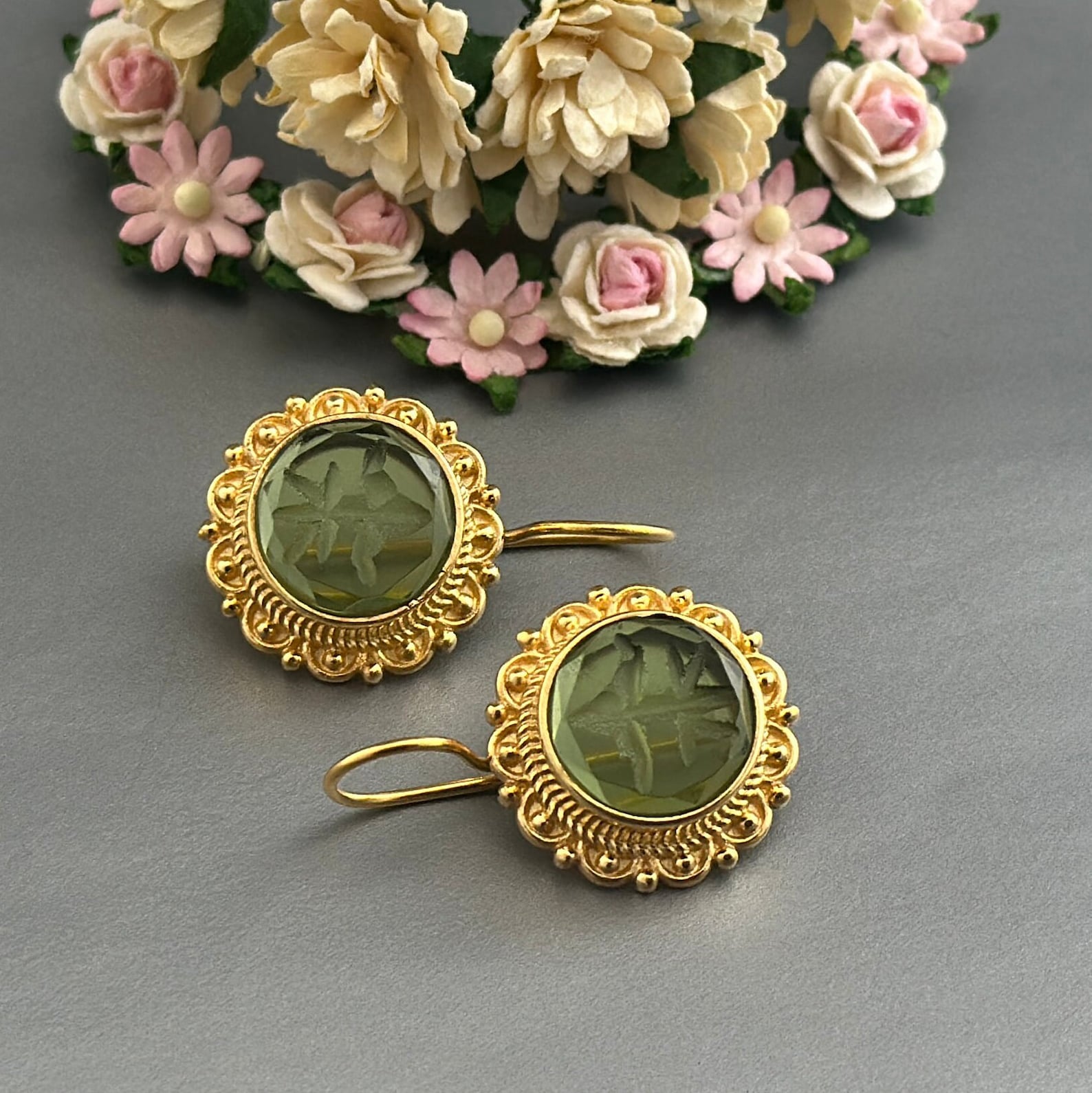 Intaglio Green Glass Earrings: 18K Gold, Victorian Style - Etsy