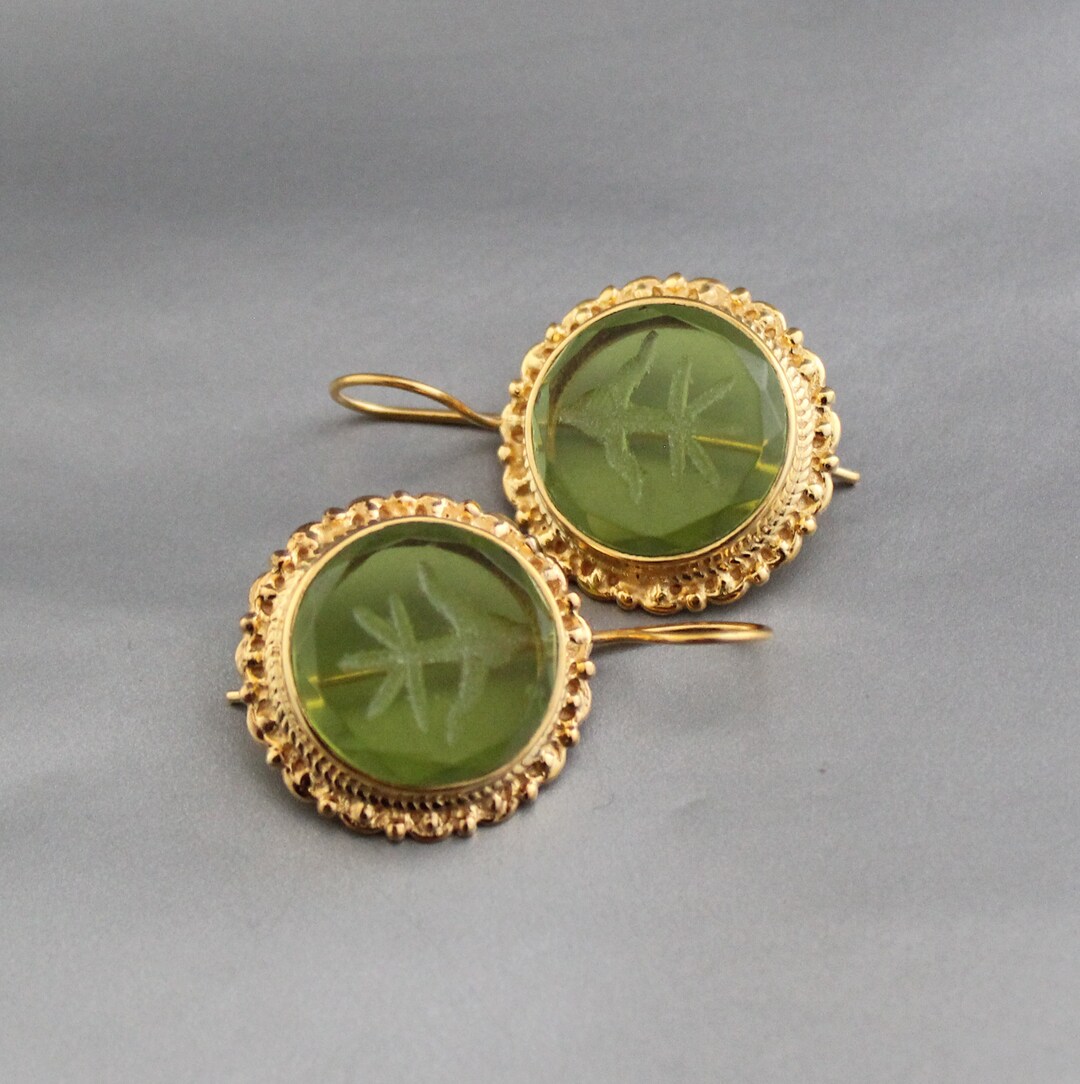 Green Intaglio Earrings, 18K Gold Earrings, Vintage-style Earrings ...