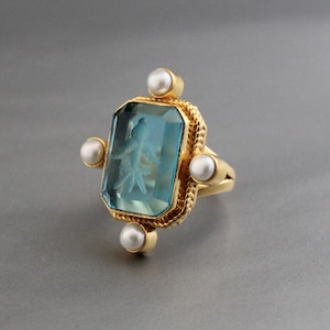 Intaglio Ring, Blue Crystal Ring, Vintage Antique Jewelry, Dainty Gold ...