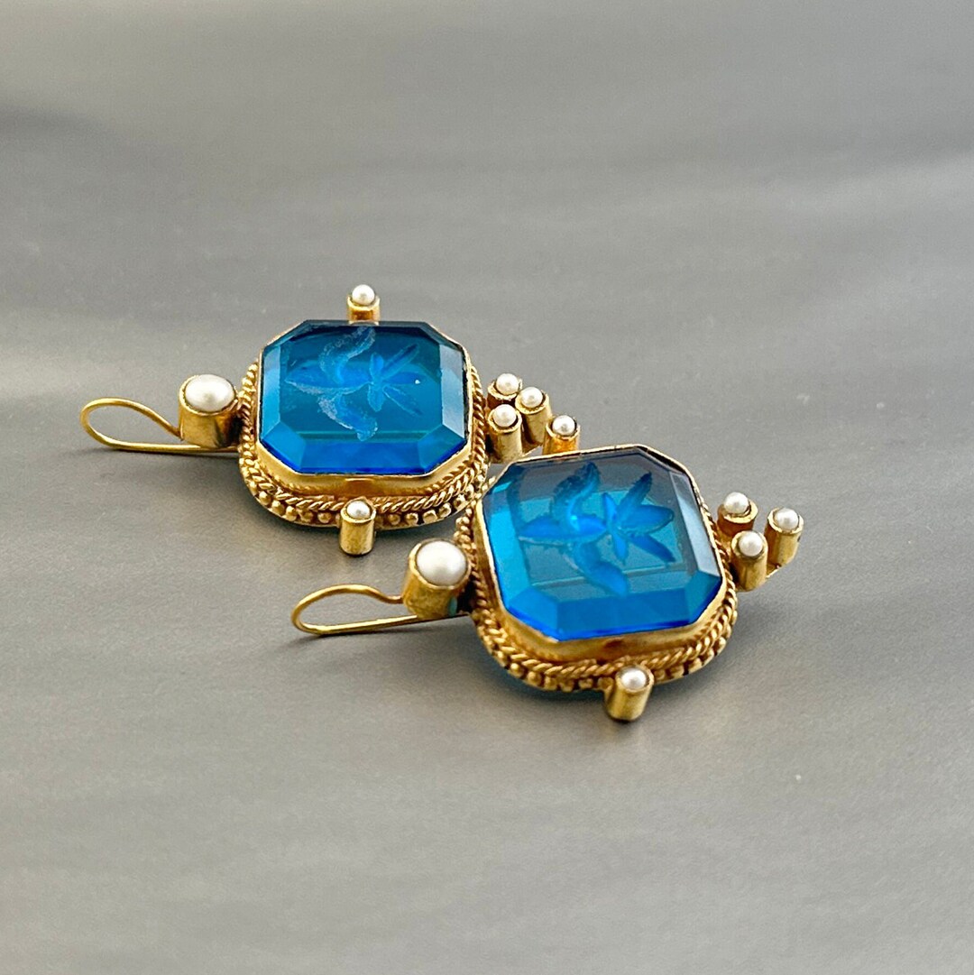 Intaglio Jewelry, Blue Earrings, Vintage Wedding Earrings, 18K Gold ...