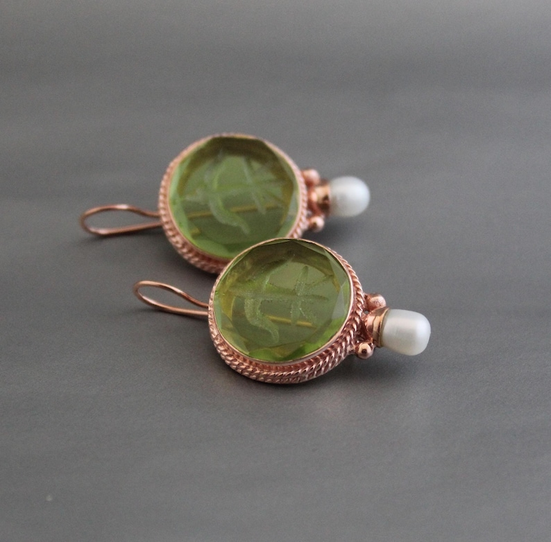 Intaglio Green Glass Earrings, Rose Gold Fleur-de-lis, Vintage Pearl ...