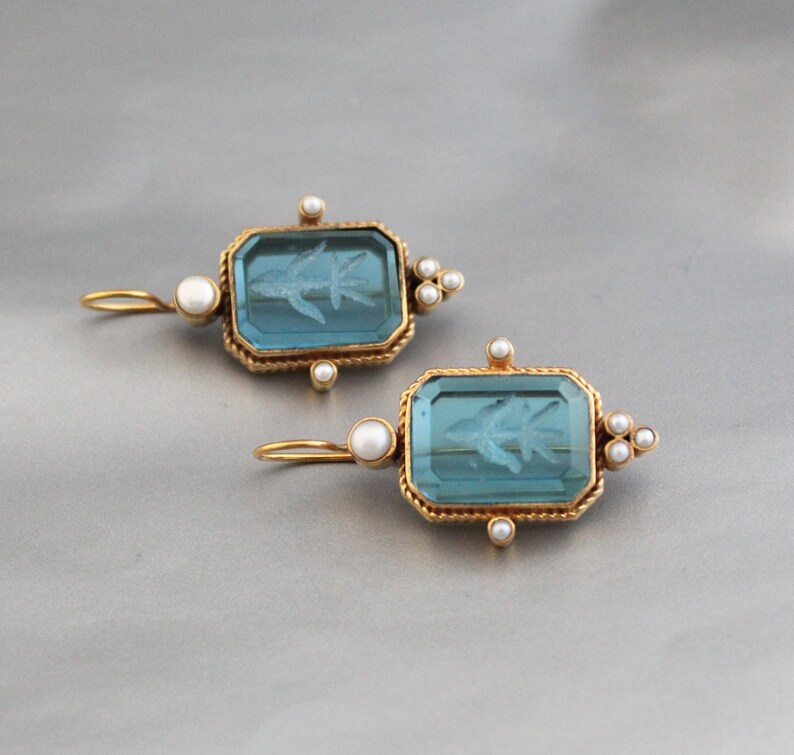 Intaglio Earrings, Blue Crystal Earrings, Victorian Earrings, Antique ...