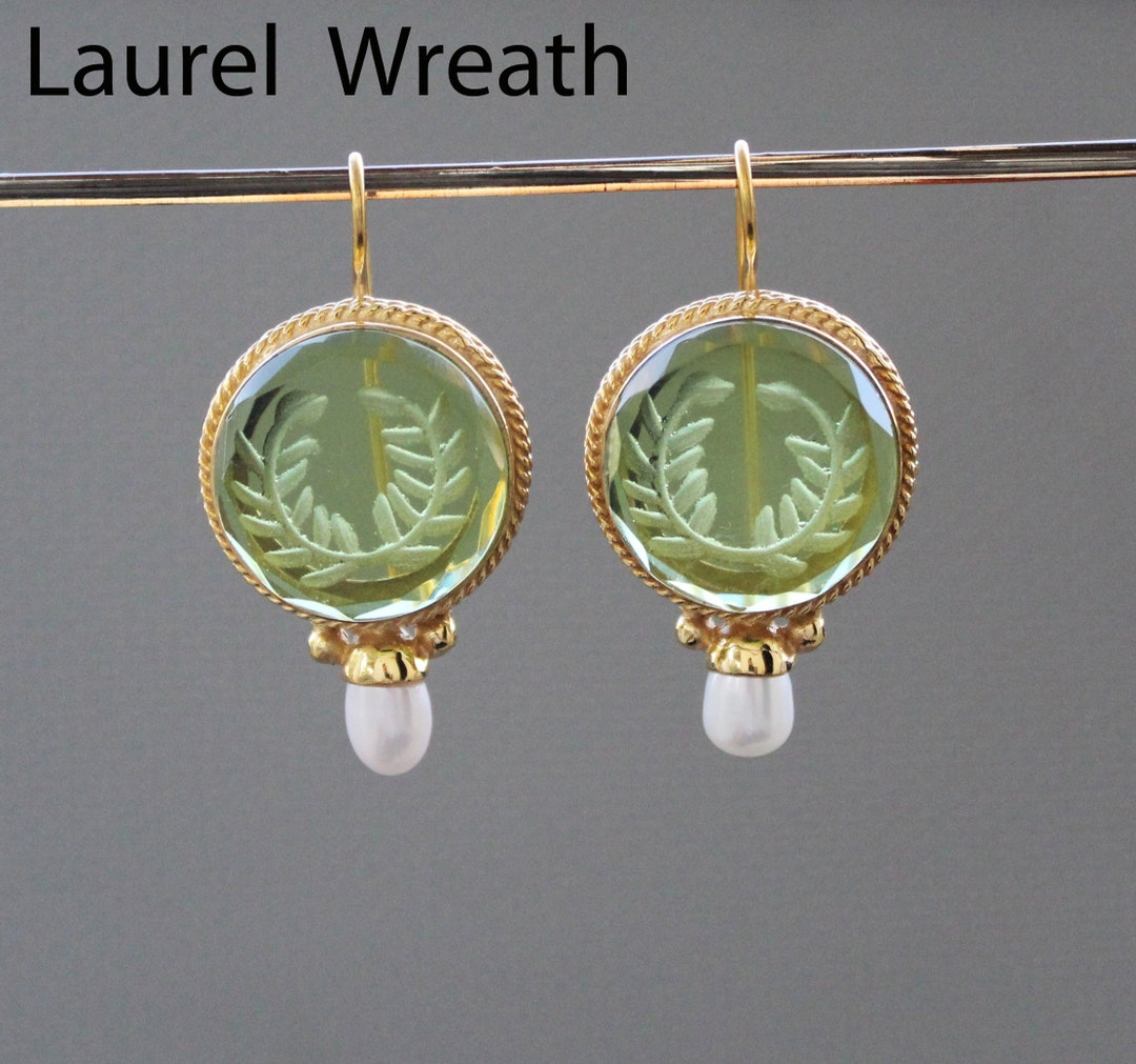 Intaglio Earrings, Green Earrings, Laurel Wreath Design, Vintage ...