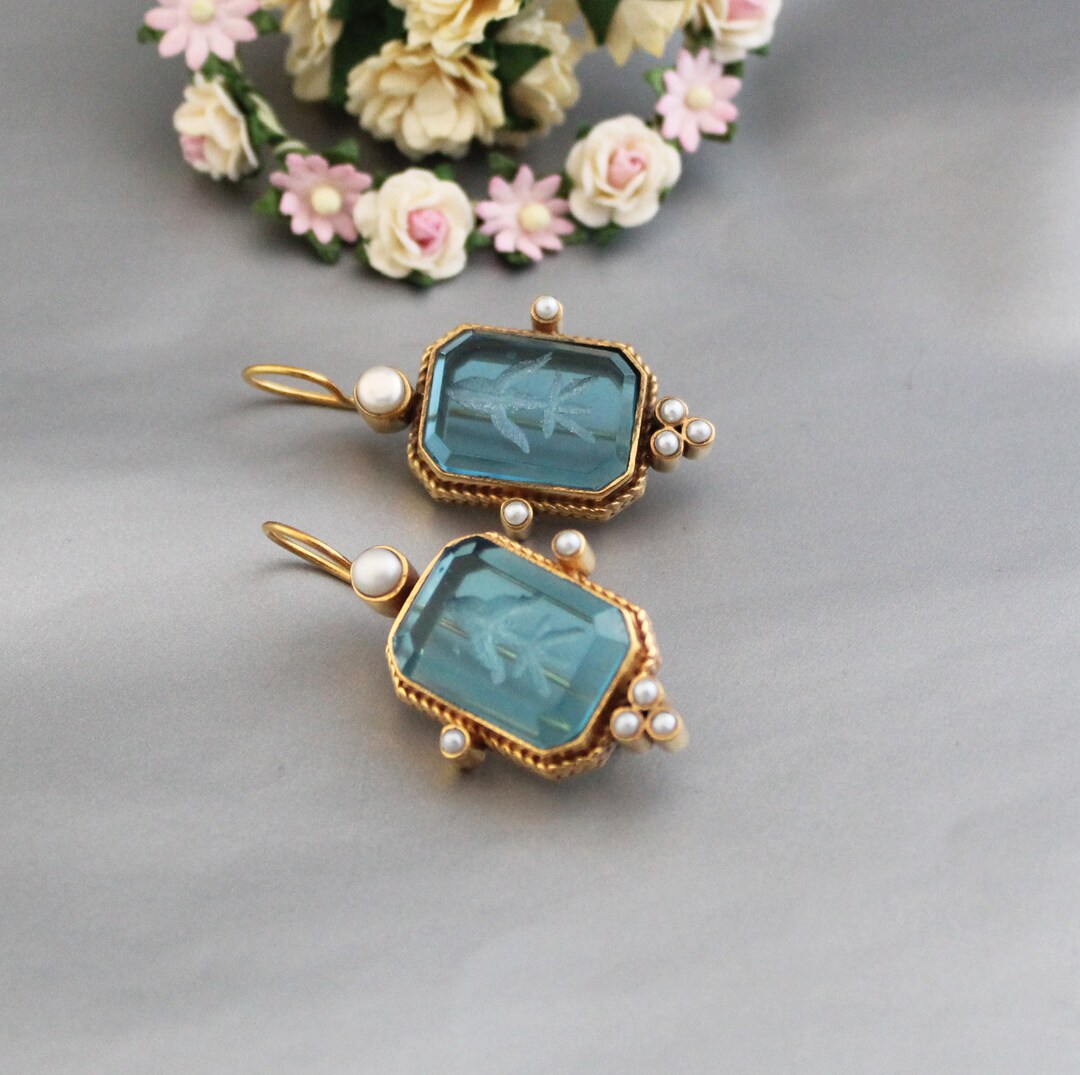 Blue Topaz Intaglio Earrings, Blue Intaglio Crystal Earrings, Vintage ...