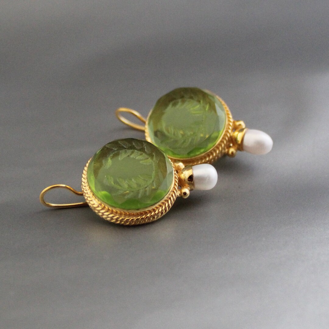 Green Glass Intaglio Earrings: Handmade Laurel Wreath Jewelry - Etsy