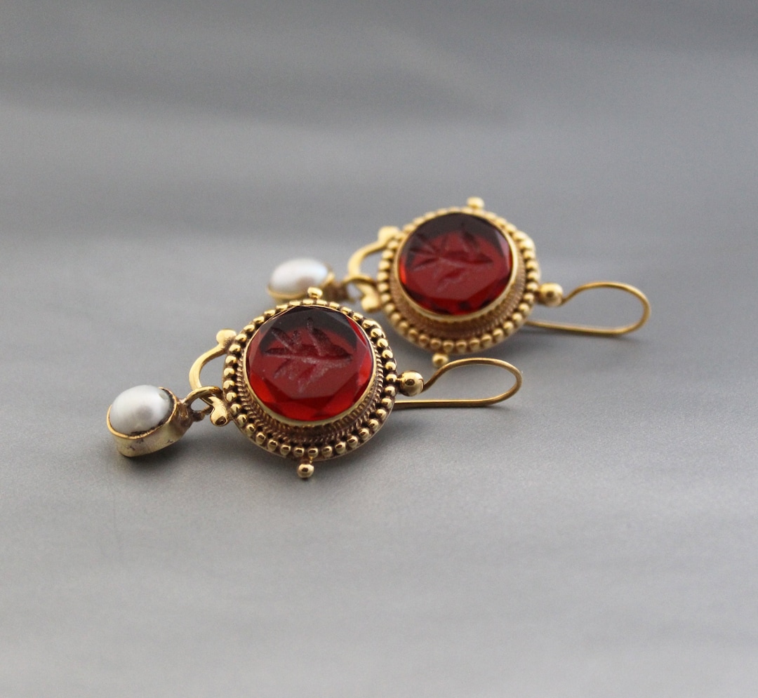 Tiefdruckohrringe, rote Ohrringe, Vintage-Ohrringe, viktorianische ...