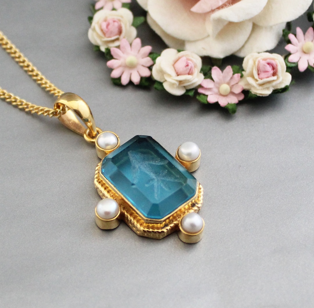 Intaglio Necklace, Blue Necklace, Vintage Necklace, Victorian Jewelry ...