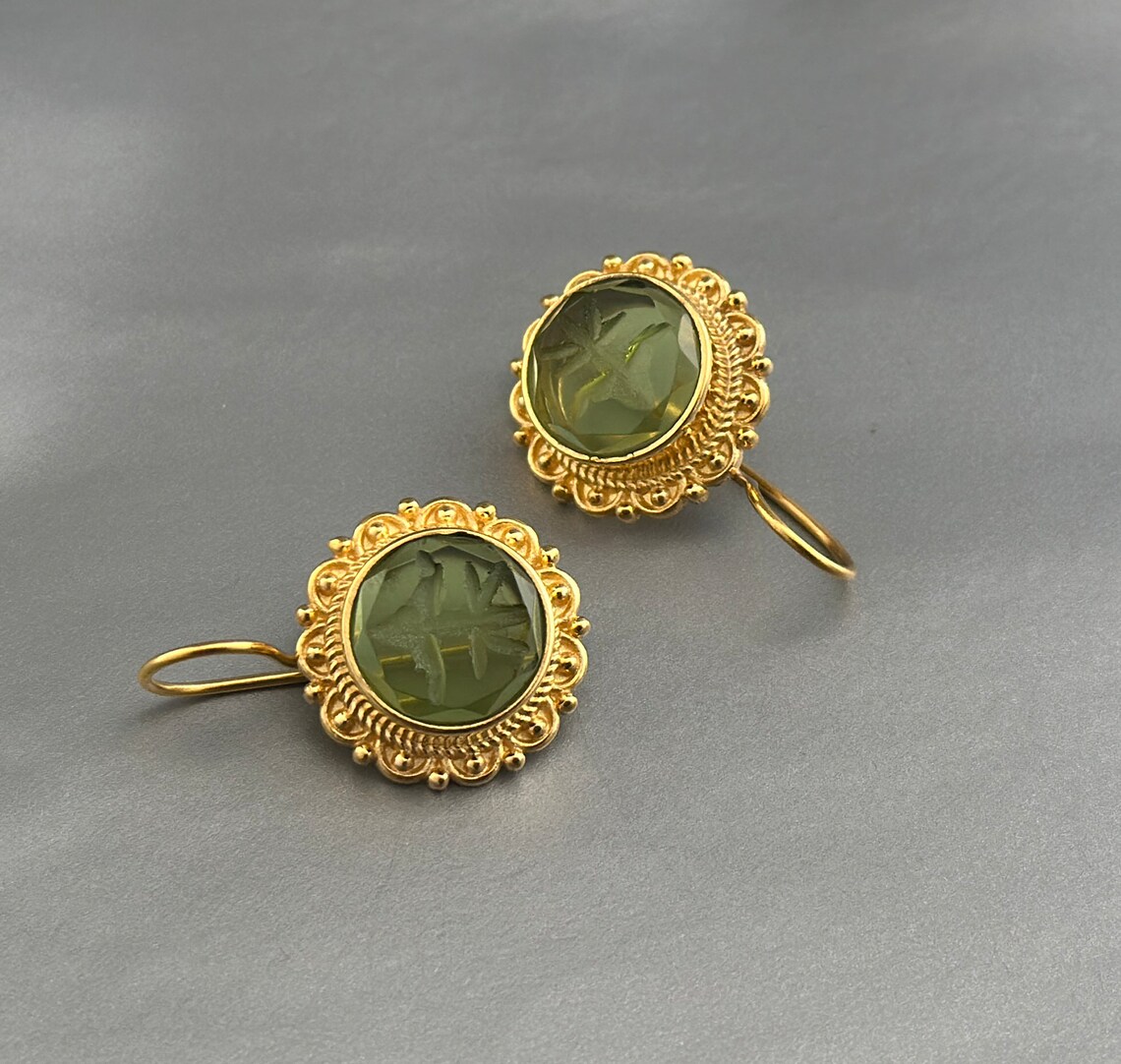 Intaglio Green Glass Earrings: 18K Gold, Victorian Style - Etsy