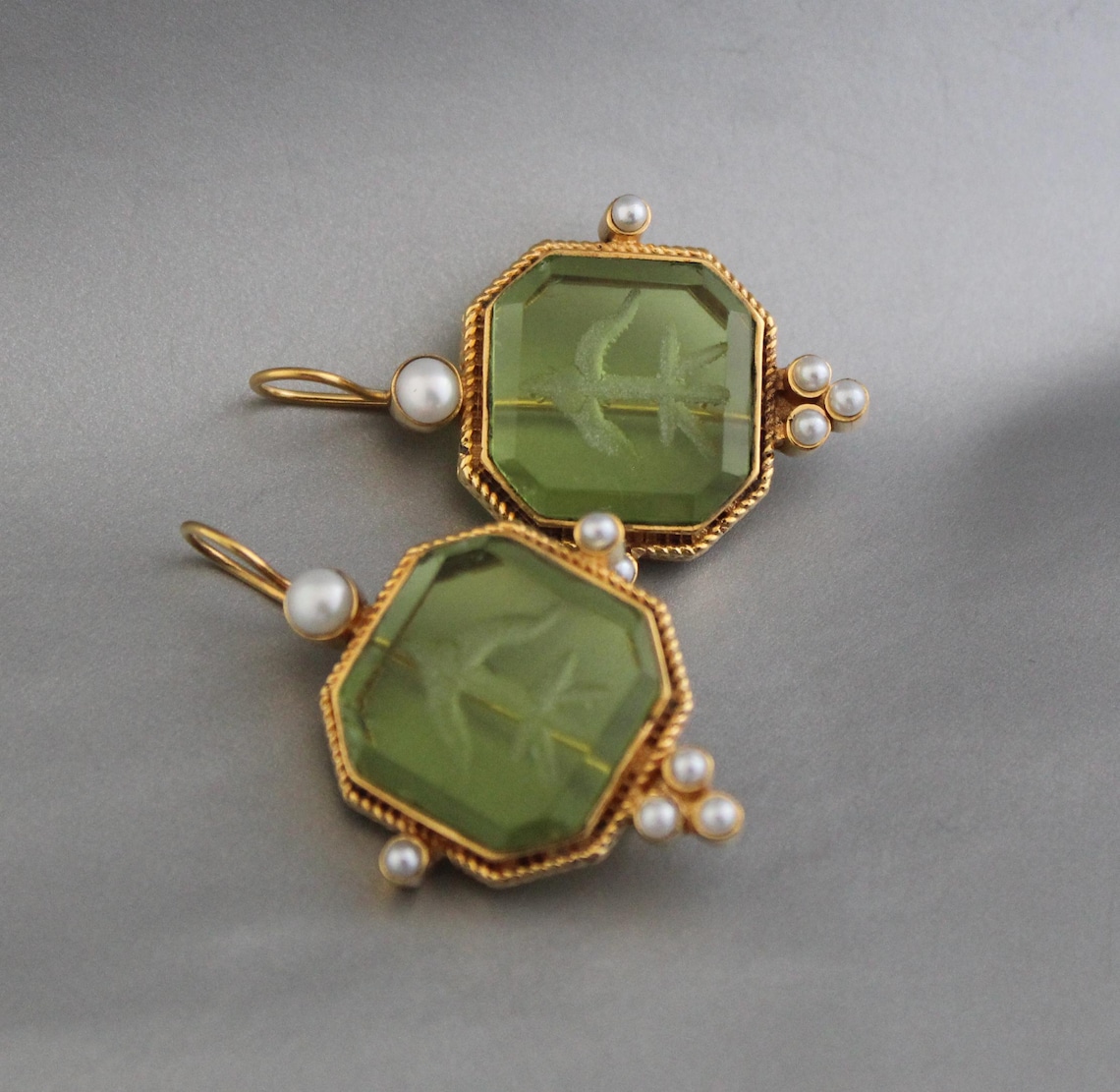 Intaglio Green Crystal Earrings: Victorian Style Gold Brass Jewelry - Etsy