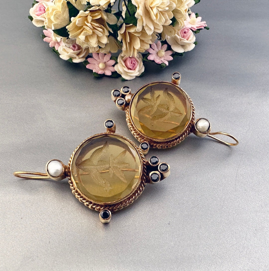Intaglio Earrings, Yellow Earring, Vintage Jewelry, Victorian Jewelry ...